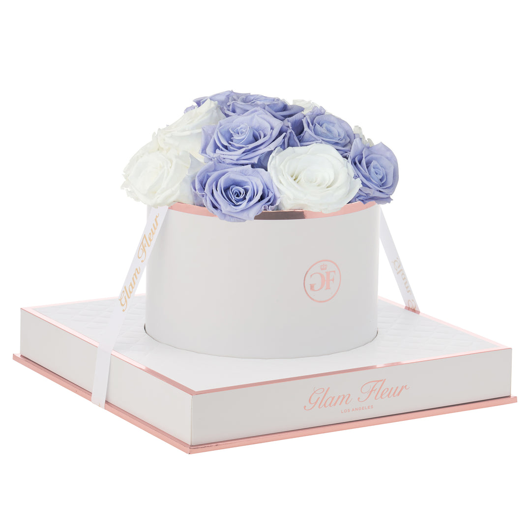 White and Lavender Preserved Rose Arrangement | Glam Fleur