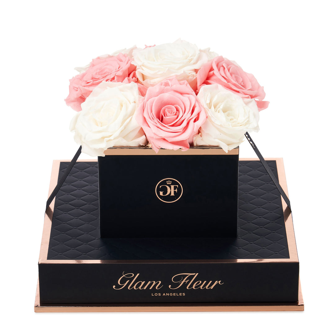 Light Pink and Ivory Preserved Roses in a Black Box | Glam Fleur®