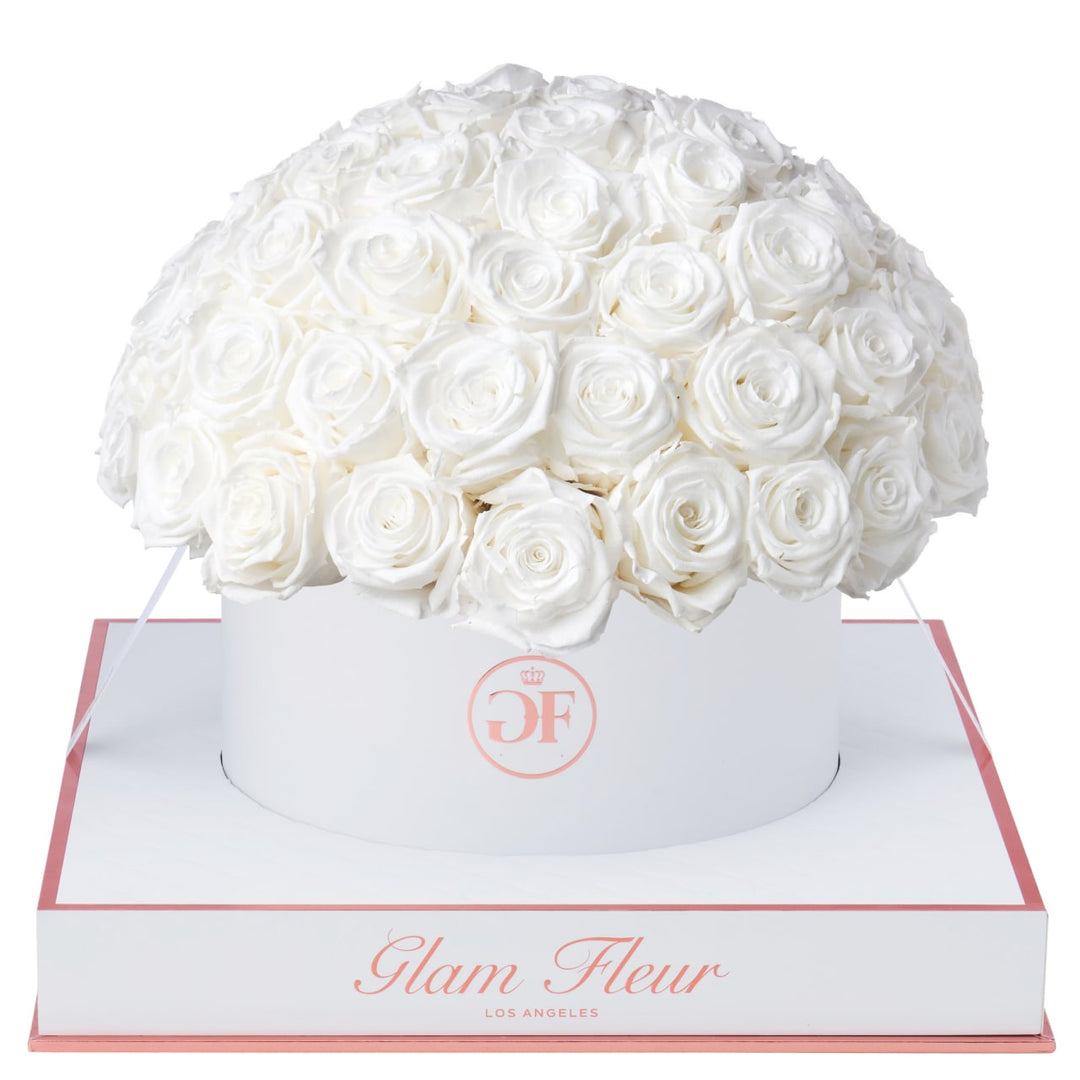 White Luxury Rose Bouquet in a Round Box | Glam Fleur®